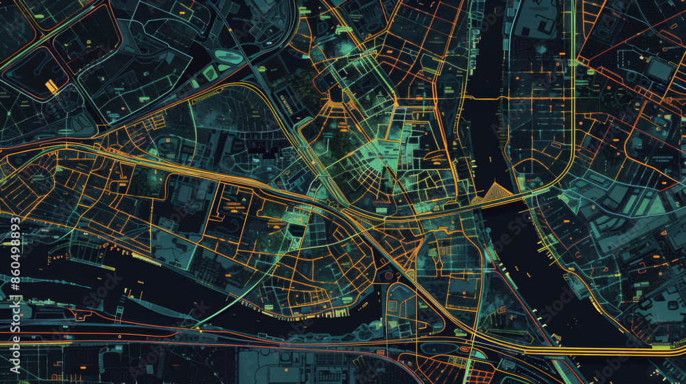 Large horizontal noir-style city map, urban layout with lakes and ...