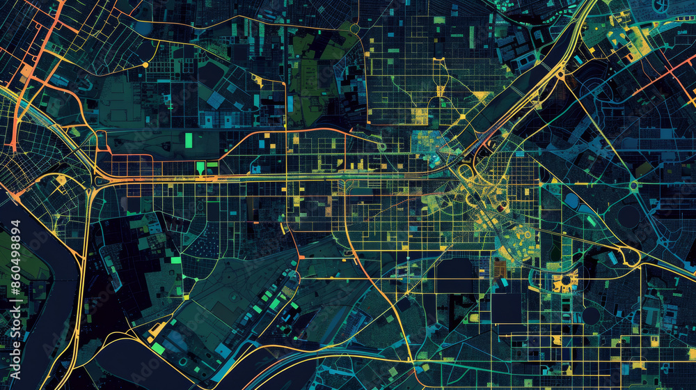 Large horizontal noir-style city map, urban layout with lakes and ...