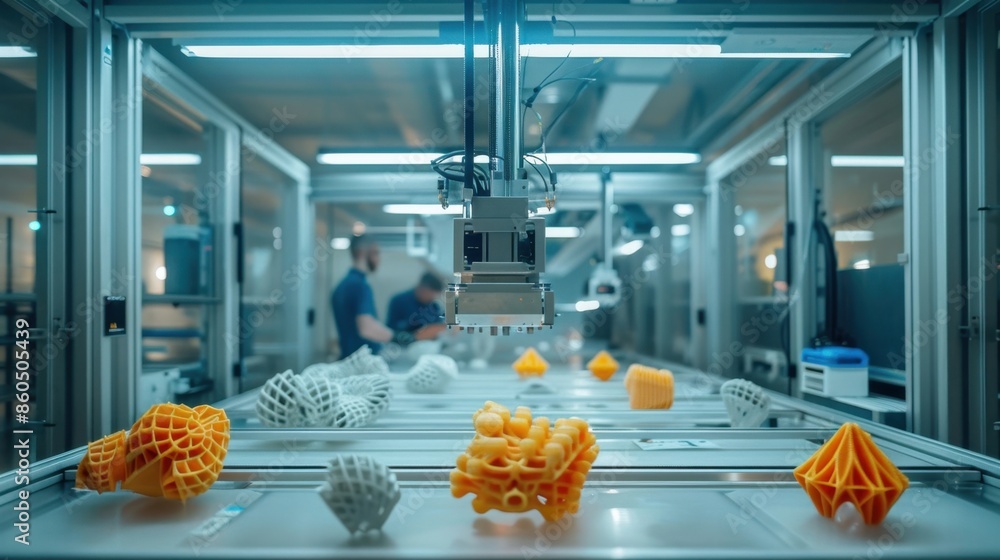 3D printers creating complex aircraft components, digital art, in a ...