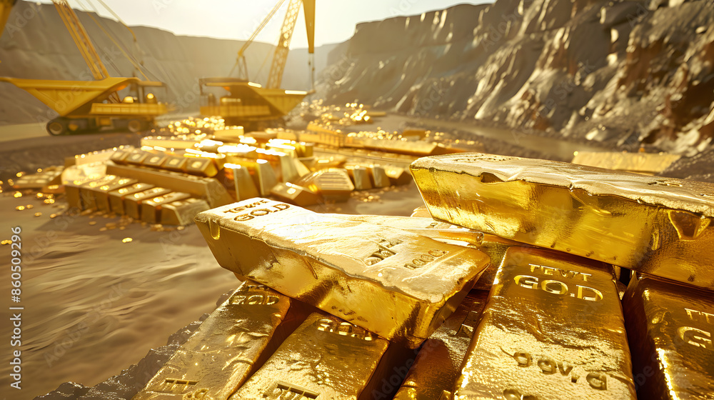 Heavy machinery transporting gold bars in an open pit mining site with ...