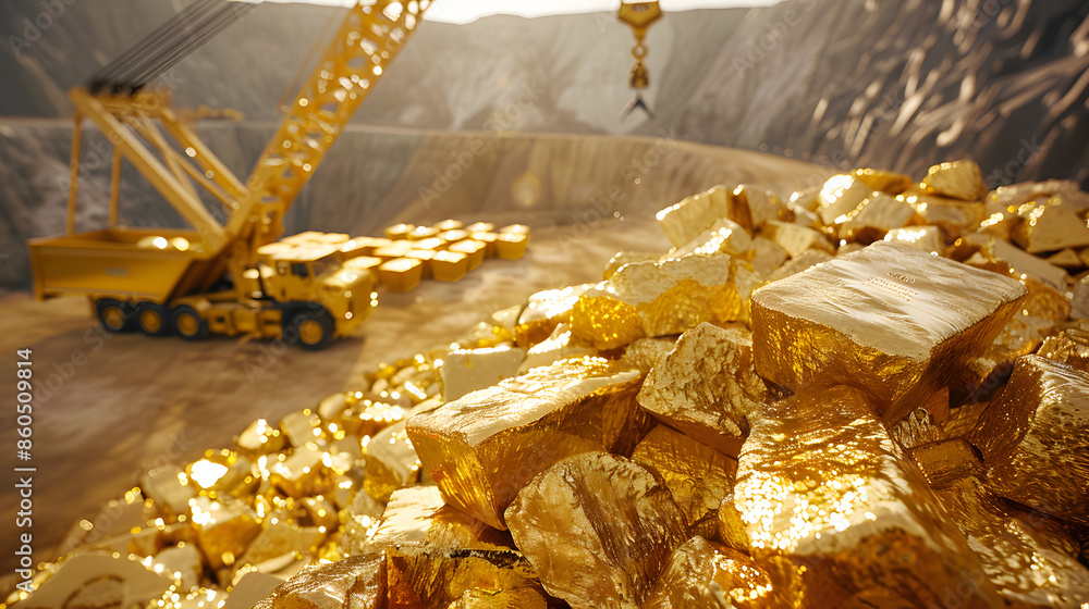 Heavy machinery transporting gold bars in an open pit mining site with ...