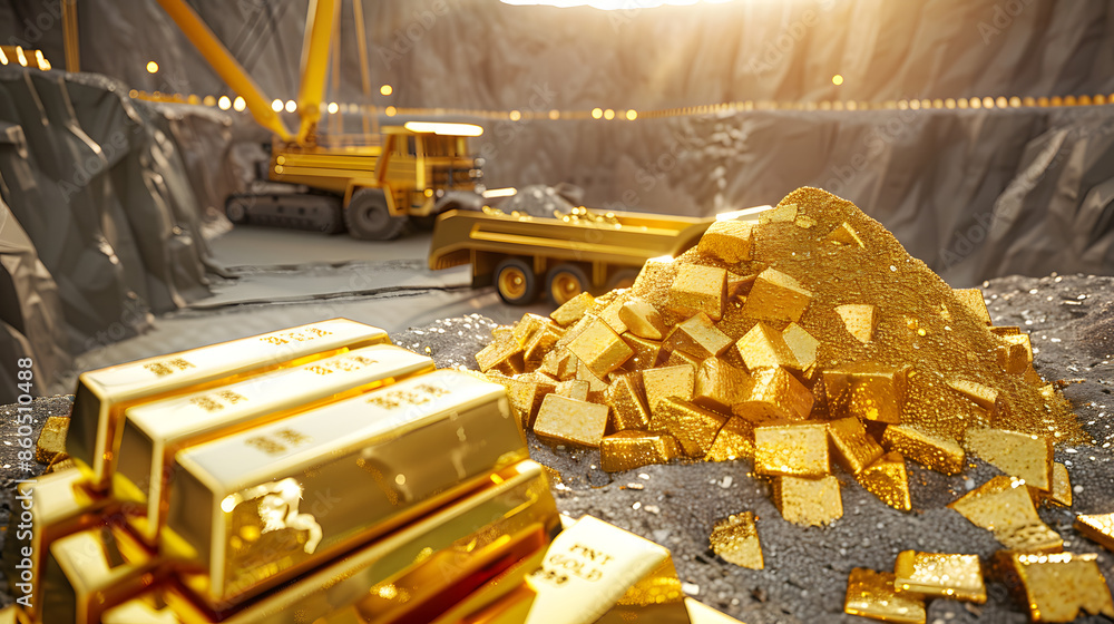 Heavy machinery transporting gold bars in an open pit mining site with ...