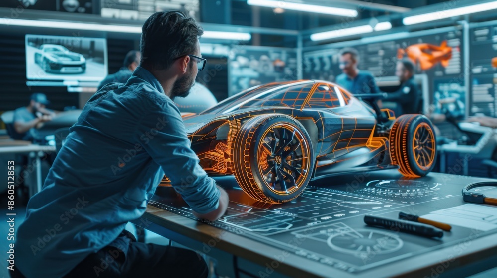 Electric vehicle design review with engineers and 3D models, digital ...