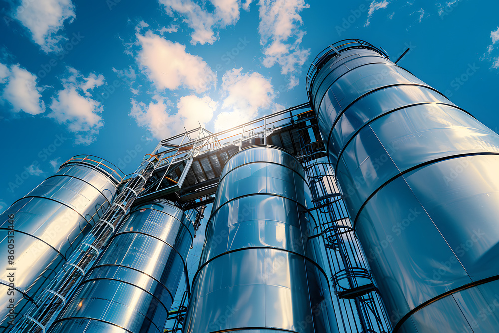 large industrial metal silos set against a bright blue sky with ...