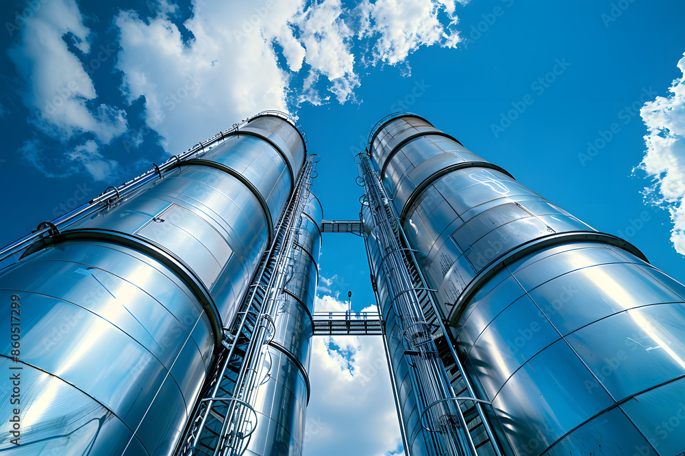 large industrial metal silos set against a bright blue sky with ...