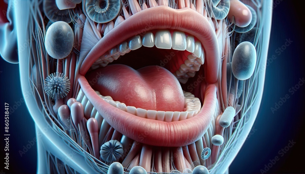 Close-up of human mouth showing detailed tongue teeth gums and oral ...