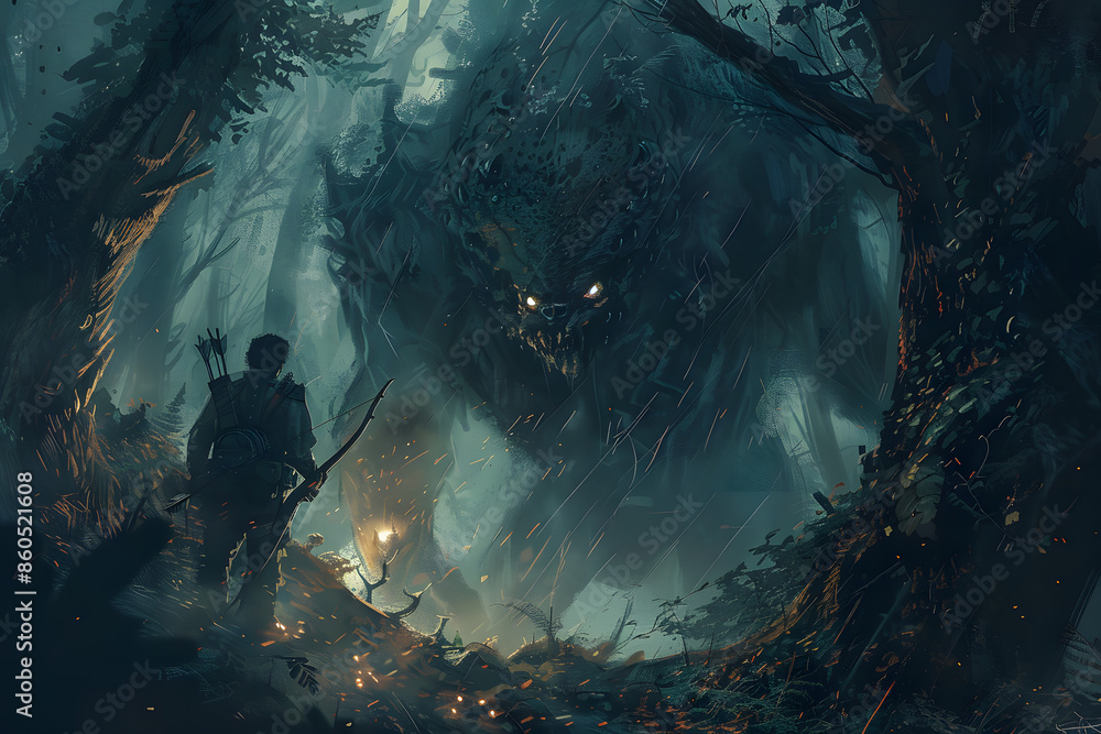 A high-resolution illustration of a human monster hunter tracking a ...