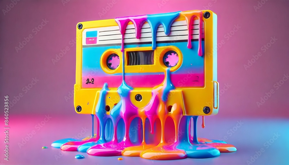 colorful cassette tape melting and dripping paint in a surreal and ...