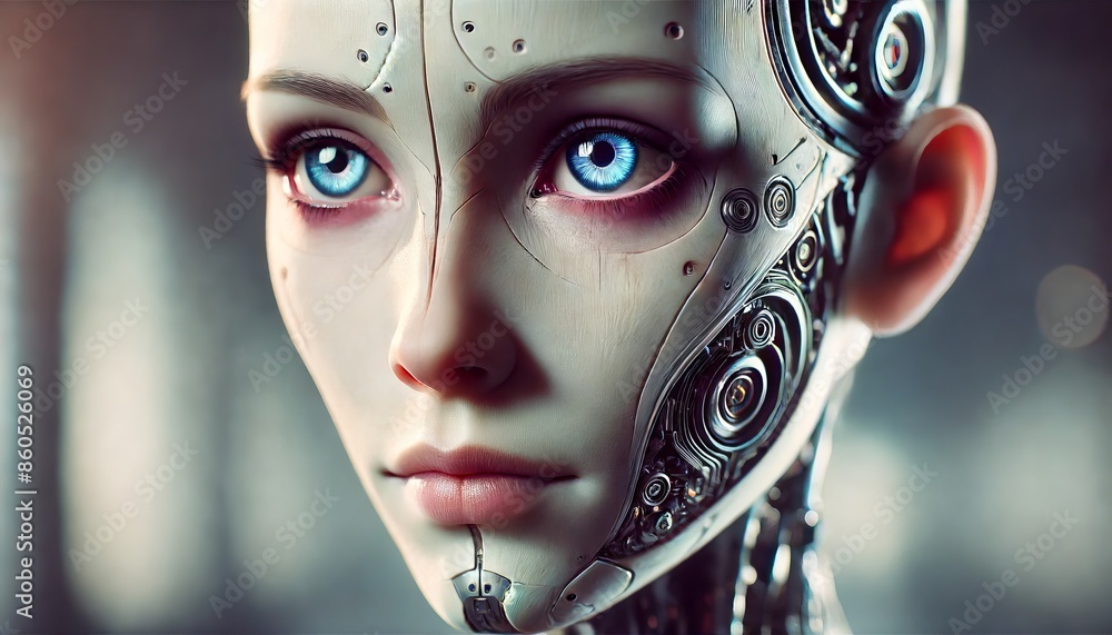 close-up of a humanoid robot's face with intricate mechanical details ...