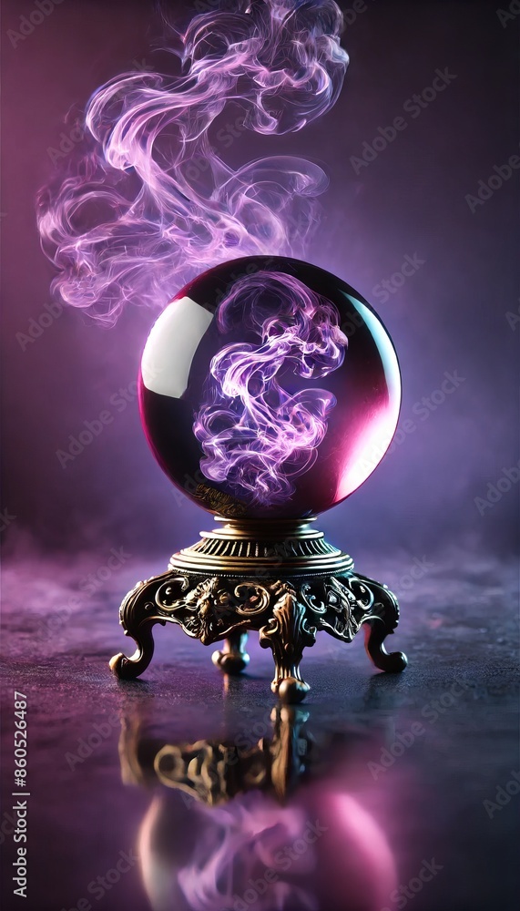 mystical crystal ball emitting colorful smoke, placed on an ornate ...