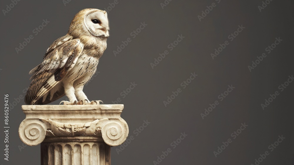 A wise owl perched atop a weathered column. The owl's piercing gaze and ...