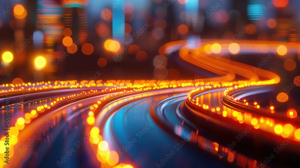 Abstract city lights trail on a winding road, creating a vibrant and ...