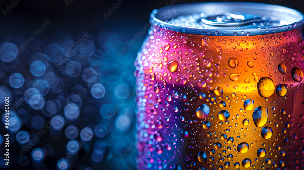 Colorful Soda Can with Water Droplets. A vibrant close-up image of a ...