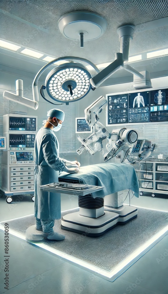 futuristic operating room with advanced medical equipment and a robotic ...