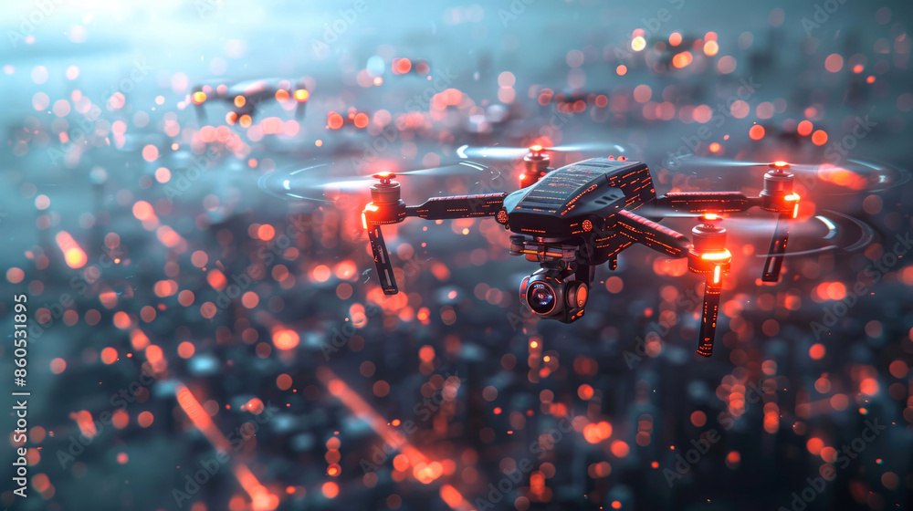 Drone Surveillance Over City at Night. A futuristic drone conducting ...
