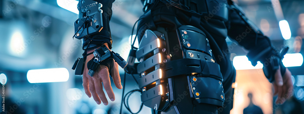 Close-up of AI-powered exoskeleton enhancing human capabilities, high ...