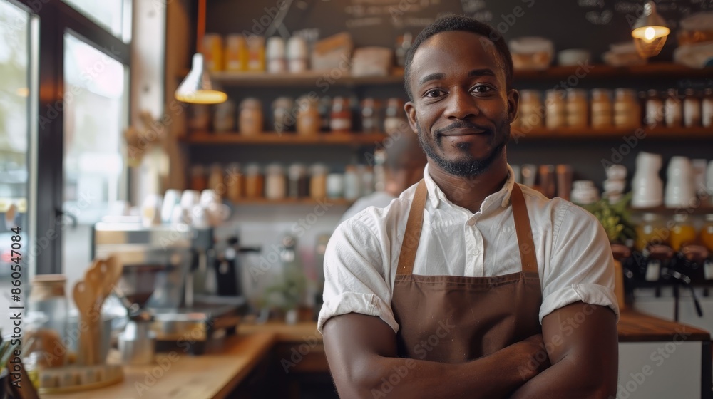 The smiling African American barista poses in a bright caf é wearing a ...