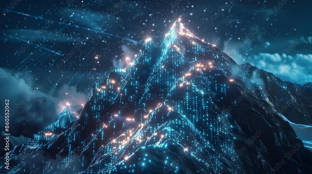 A mountain depicted as a digital matrix, where each rock and crevice is ...