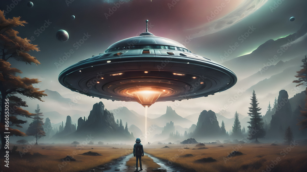 Create a surreal and mysterious UFO-themed photo that captures the awe ...