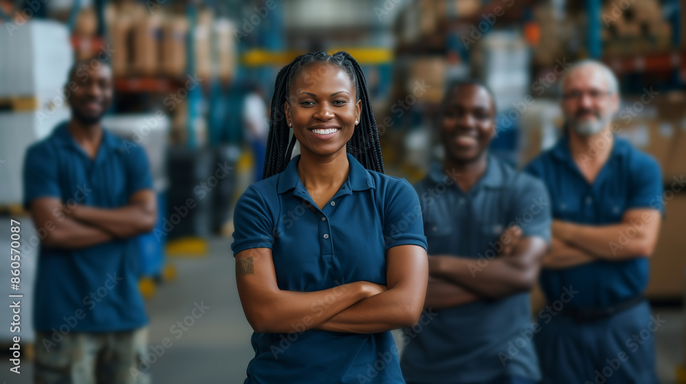 A diverse group of workers in blue polo shirts stand together with ...
