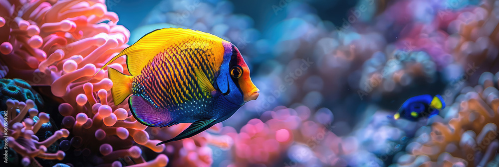 Close-Up of Regal Angelfish in Coral Reef, macro shot, vivid underwater ...