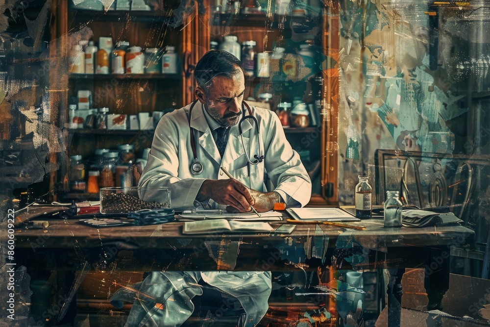 A vintage-style doctor immersed in writing at a cluttered desk in an ...