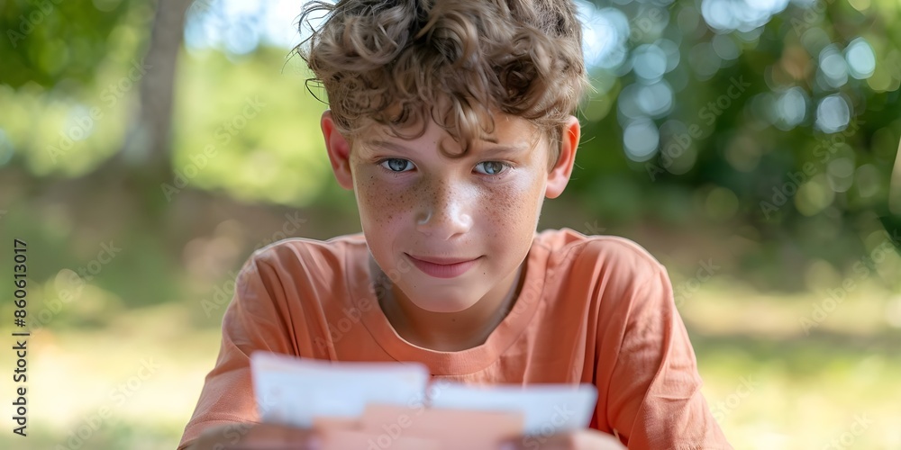 Foto de Teenage boy uses flashcards to teach math to younger student in ...