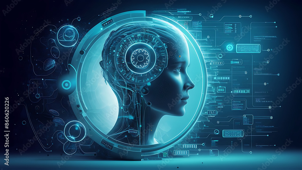 Illustration of a machine learning process featuring artificial intelligence, deep data mining ...