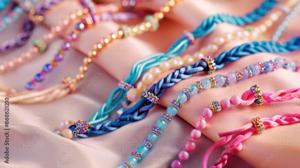 A variety of friendship bracelets draped over a soft, pastel-colored ...