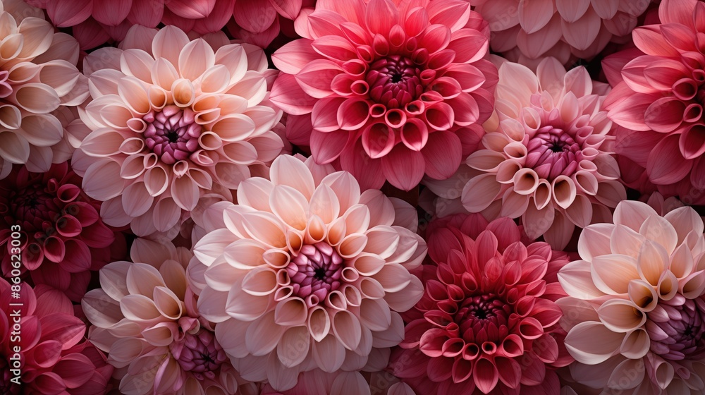 Dahlia flowers background. A close-up view of multiple pink and red ...