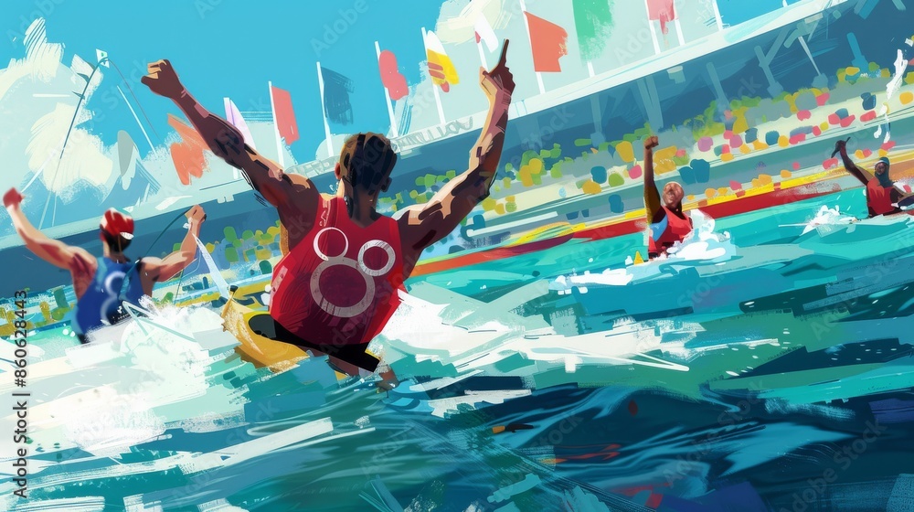 Victorious Moment at the Finish Line of a Canoeing/Kayaking Event ...