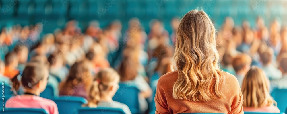 Teacher at school assembly, back view, students seated in rows, Back ...