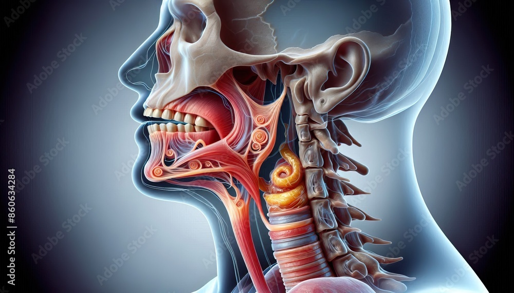 Side view of Caucasian male head and neck showing muscles and jaw with ...