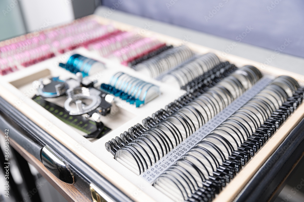 Trial frame for diagnostic eye examination tool. Ophthalmologist clinic ...