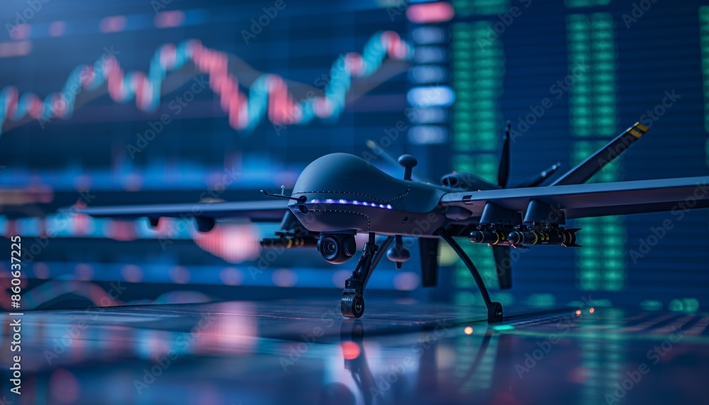 A military drone positioned in front of a background displaying stock ...