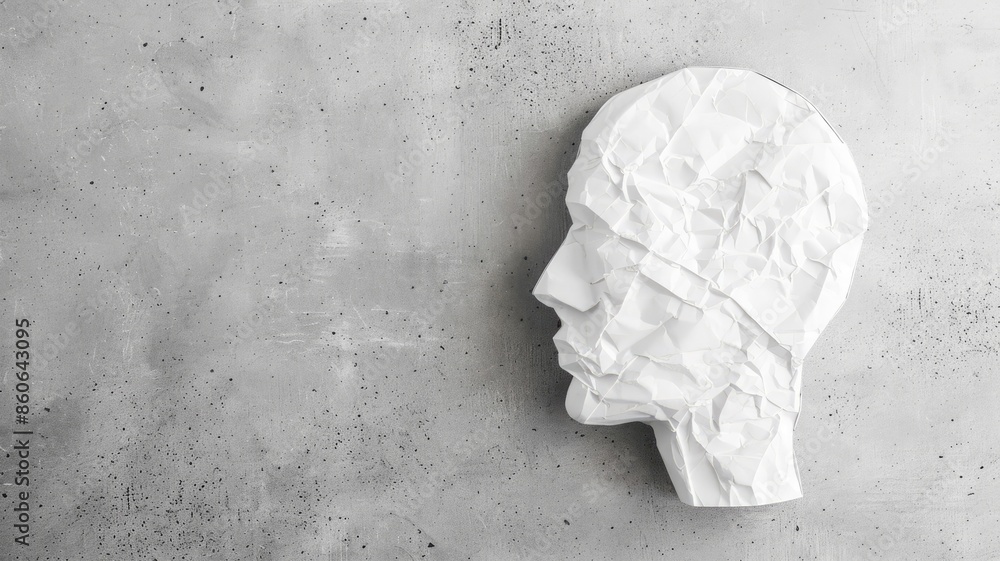 White crumpled paper shaped like human head on gray background ...