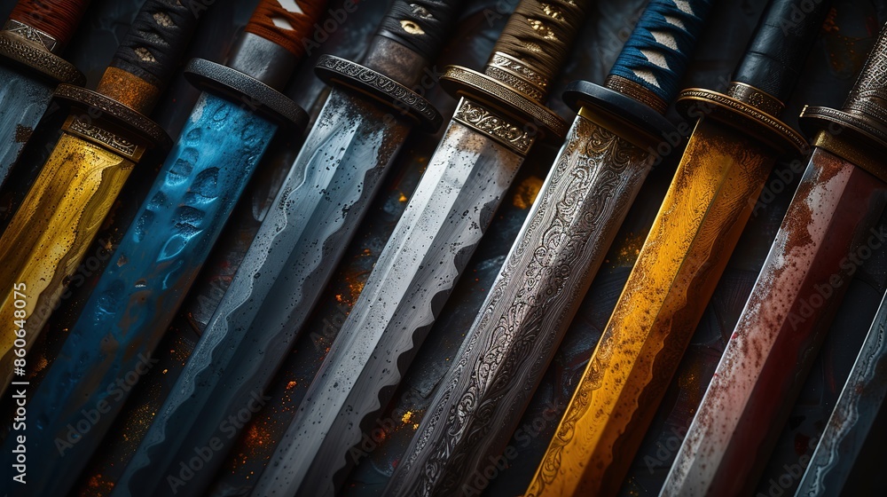 An array of diverse swords, each bearing its own tale of craftsmanship ...