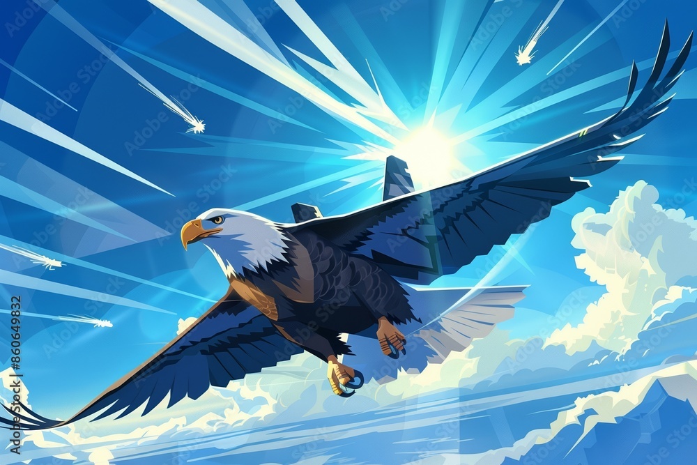 2D illustrator scene of striker jet and eagle, blue Independence Day ...