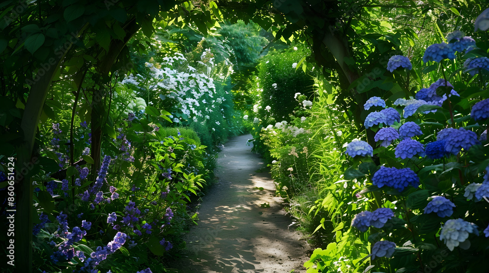 White and blue natural english cottage garden view with curvy pathway ...