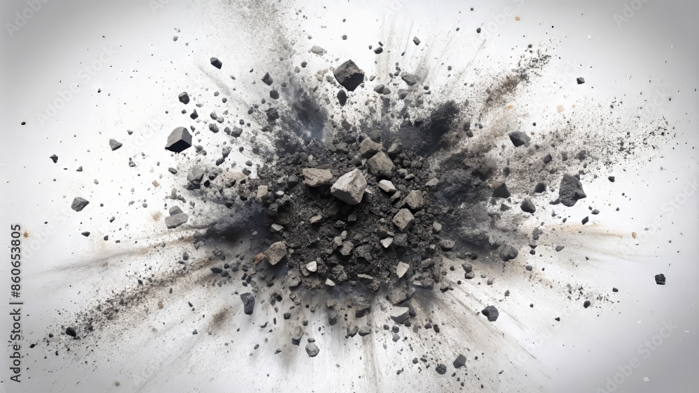 Charcoal particles splattered on pristine white background, isolated ...