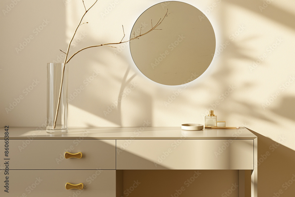 An empty modern minimal dressing table is set against a cream wall in a ...