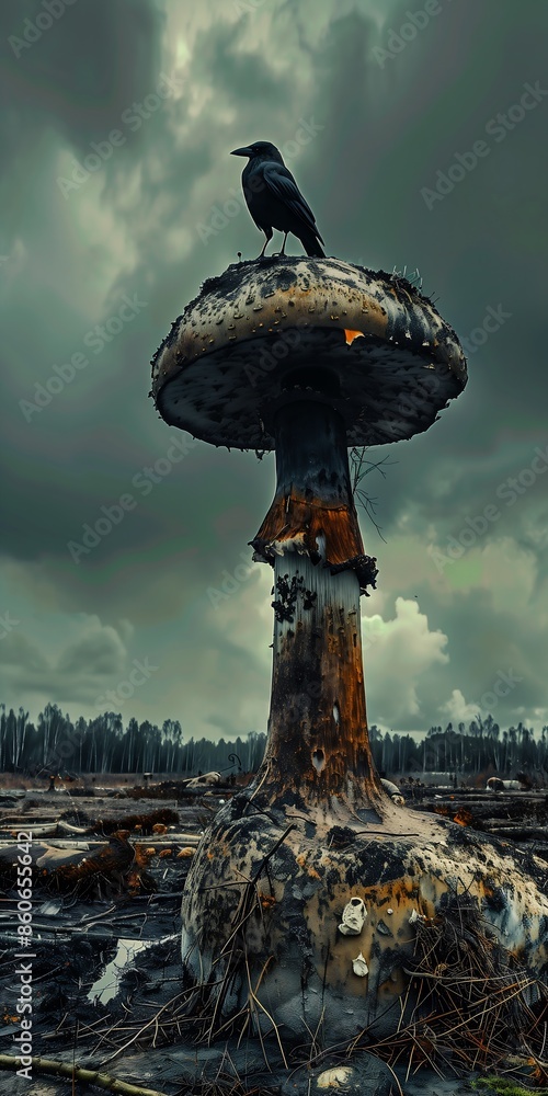 bird sitting top mushroom object post apocalyptic background florida ...