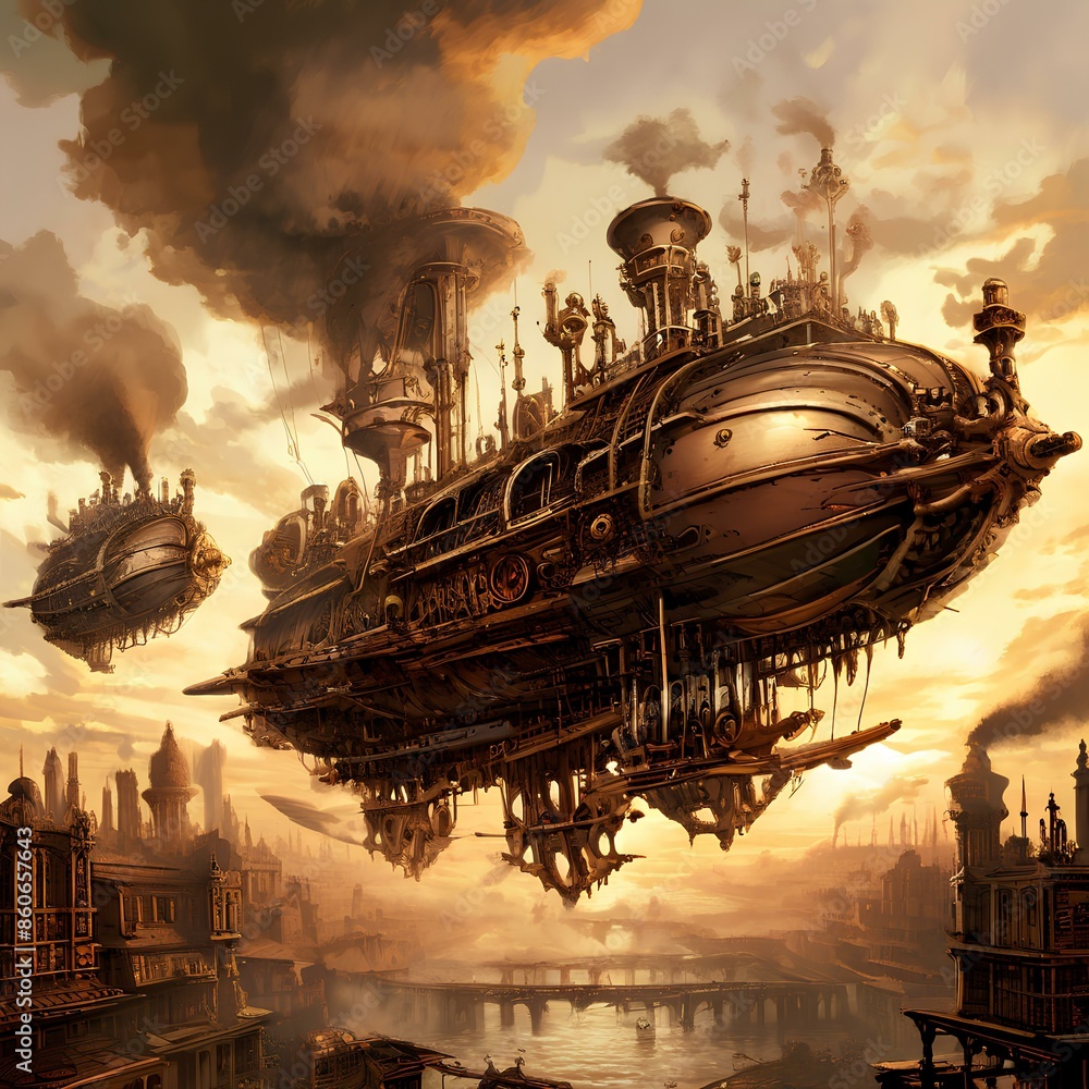 High above a sprawling, Victorian-era city, two colossal steampunk ...