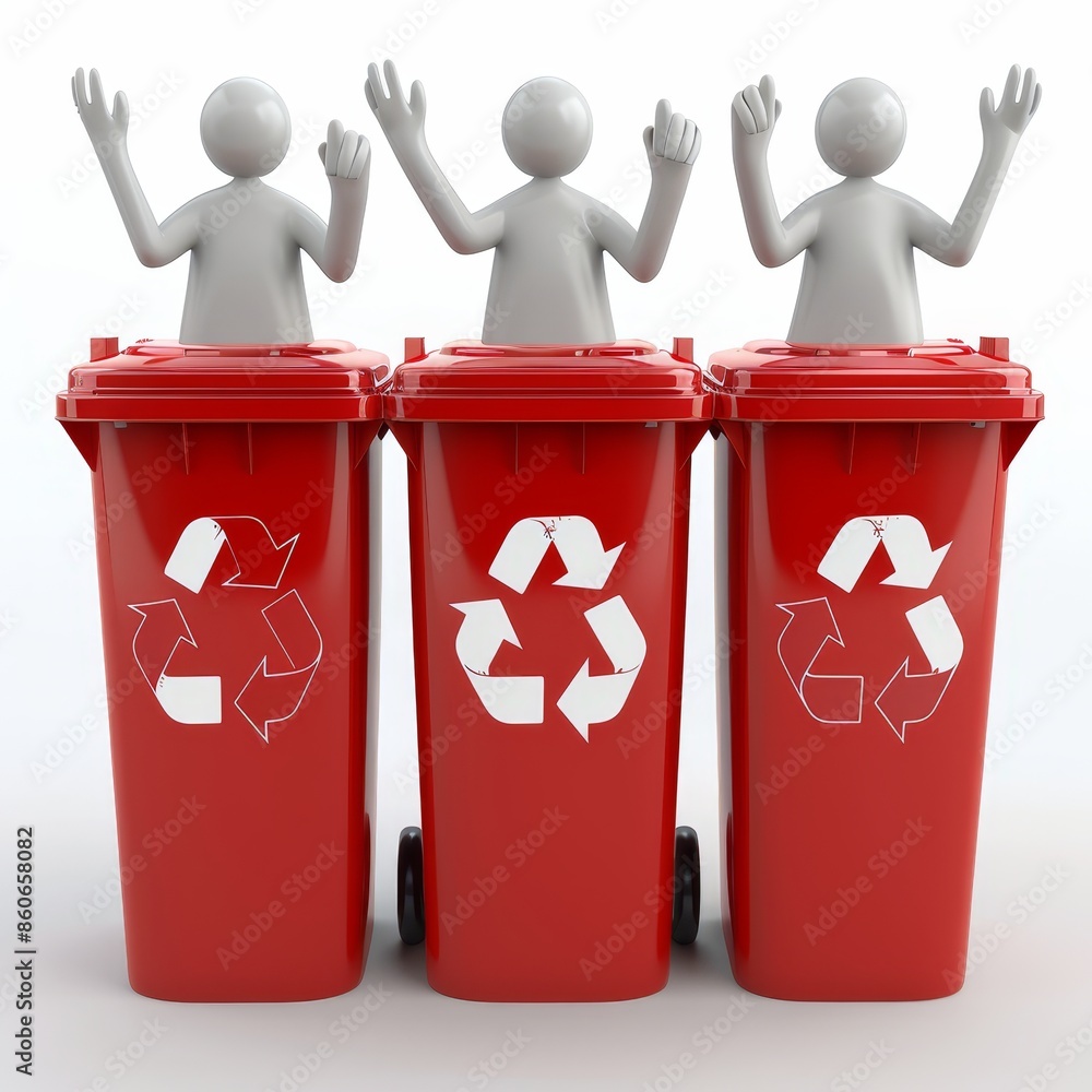 Three individuals standing inside red recycle bins, raising their hands ...