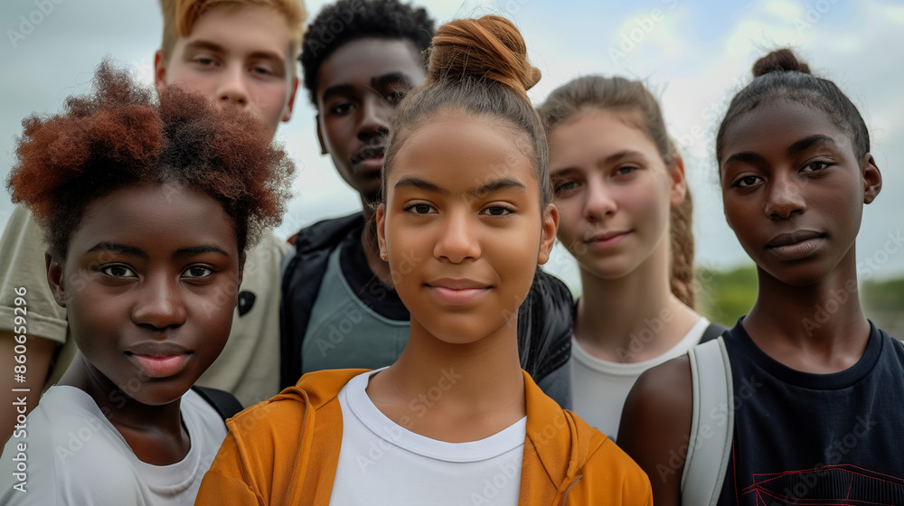 Six diverse teenagers stand together outdoors, looking confidently at ...