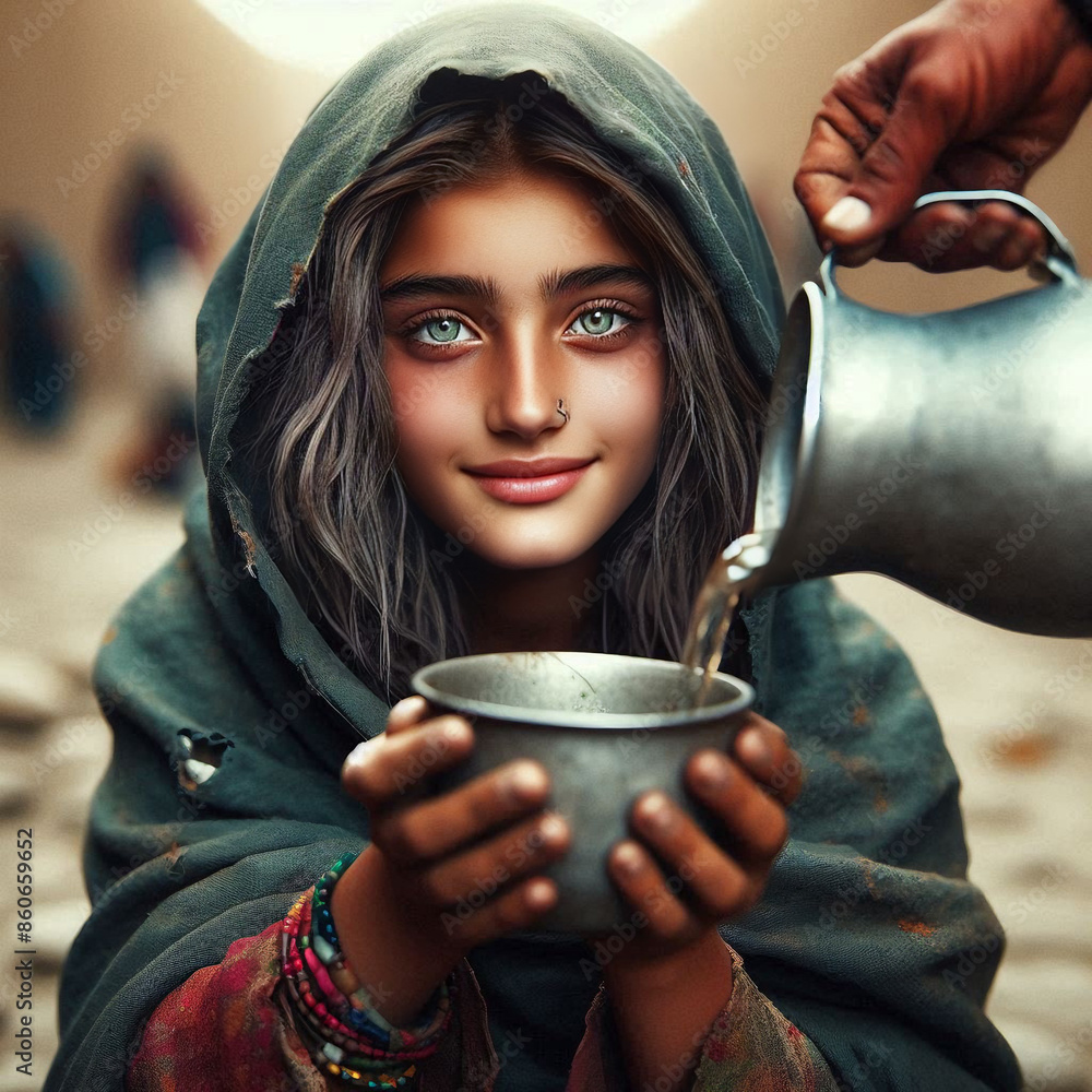 social problems, poverty. teenage girl from a poor Afghan family, close ...