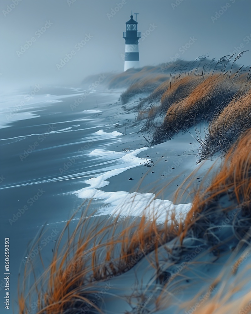 lighthouse foggy day beach blue wall new netherlands location wind long ...