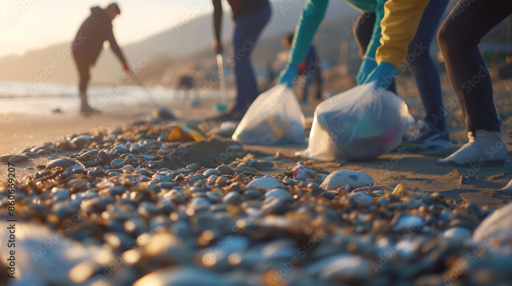 Volunteer work, close-up of volunteers cleaning up a beach, coastal ...