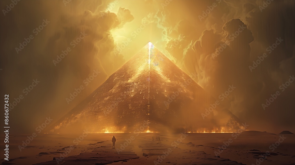 man standing front pyramid cross clouds homoerotic fire beam panoramic ...