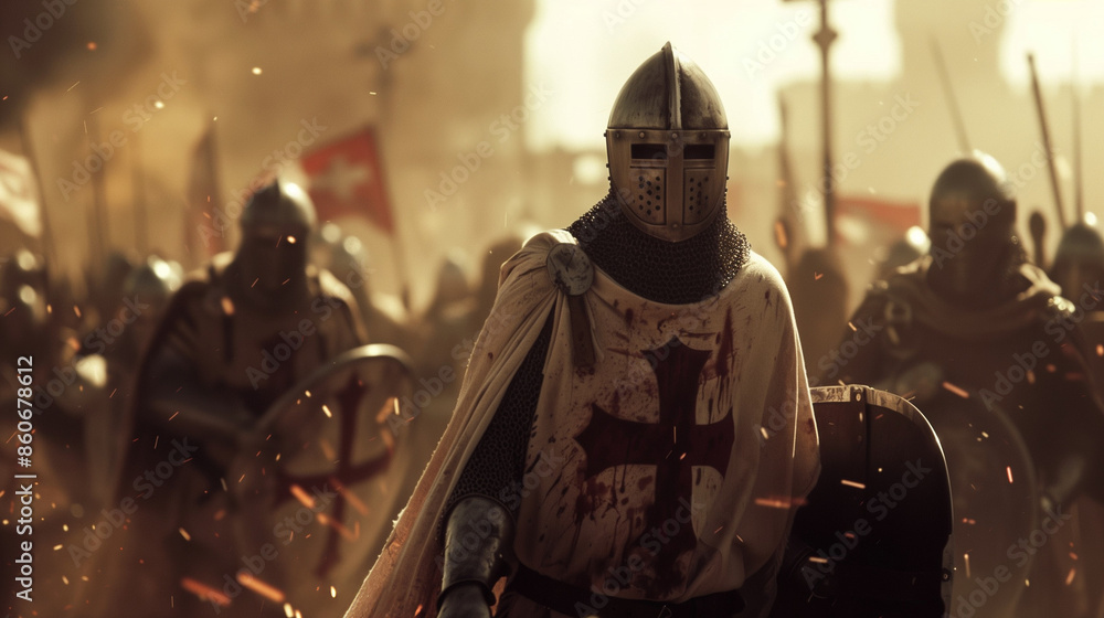 Christian army of Templar knights with armor, banners, capes, red ...